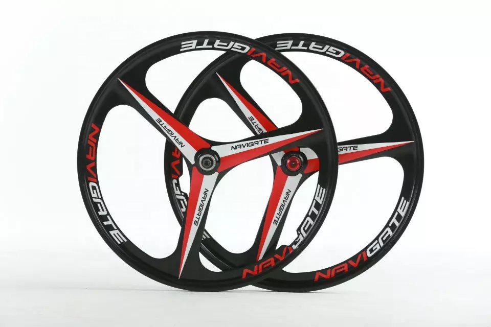 Blue and white three-spoke bicycle wheel