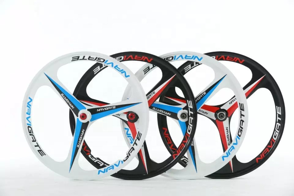 Blue and white three-spoke bicycle wheel