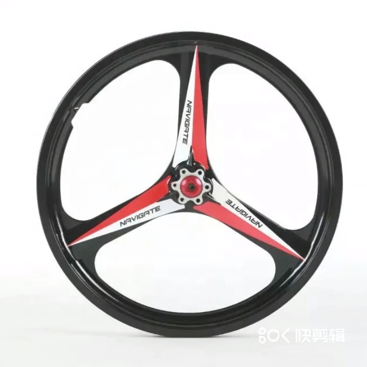 Blue and white three-spoke bicycle wheel