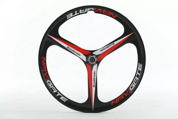 Blue and white three-spoke bicycle wheel